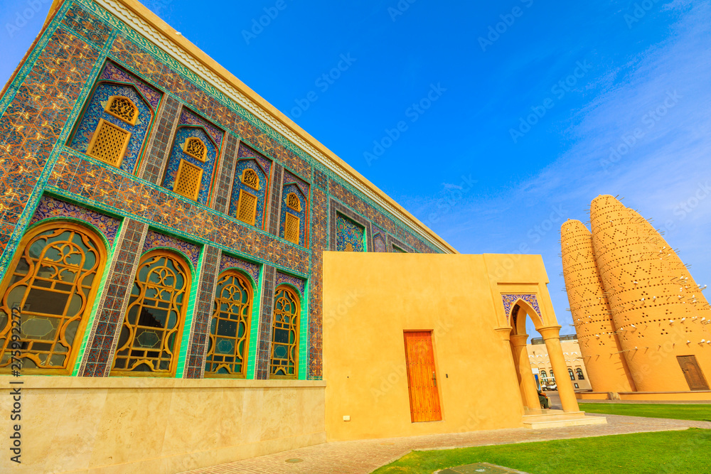 Perspective view of Mosque in Katara with pigeon towers. Katara is a ...