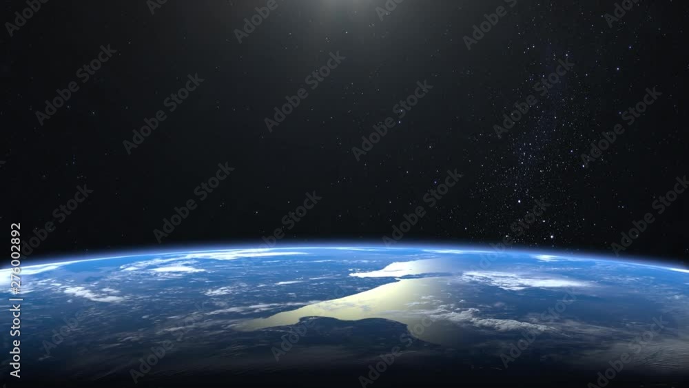 Earth. View from space. The camera flies away from the Earth. Stars ...