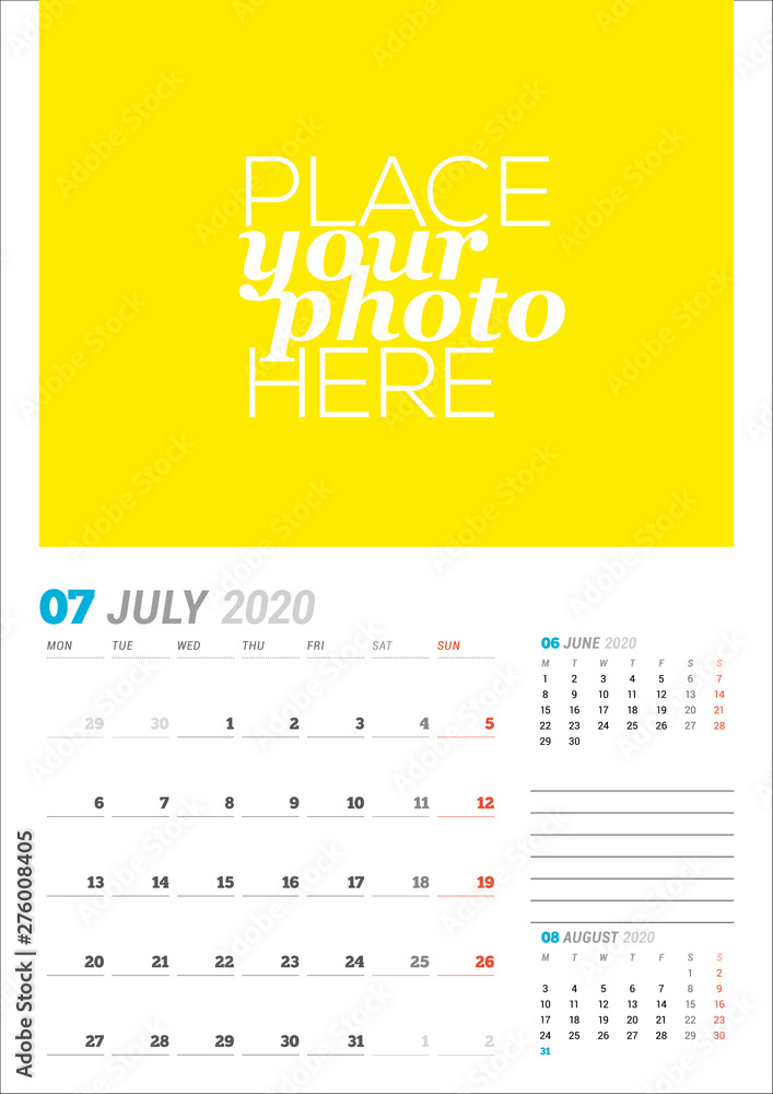 July 2020. Wall calendar planner template. Vector stationery design ...