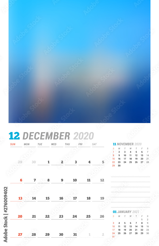 December 2020. Wall calendar planner template. Vector stationery design ...