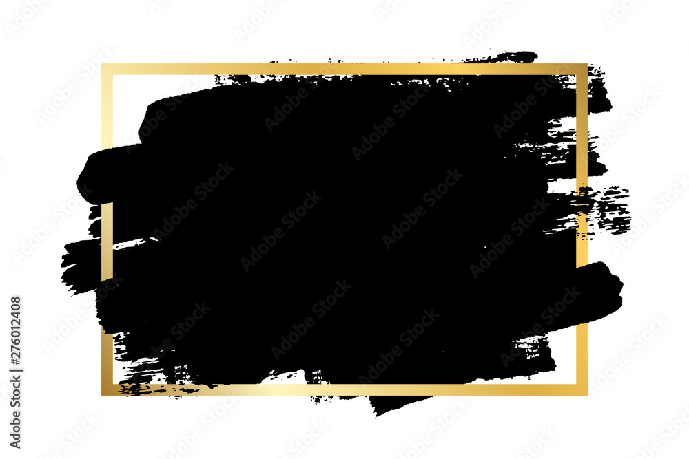 Brush stroke, gold text box, isolated white background. Black paint ...