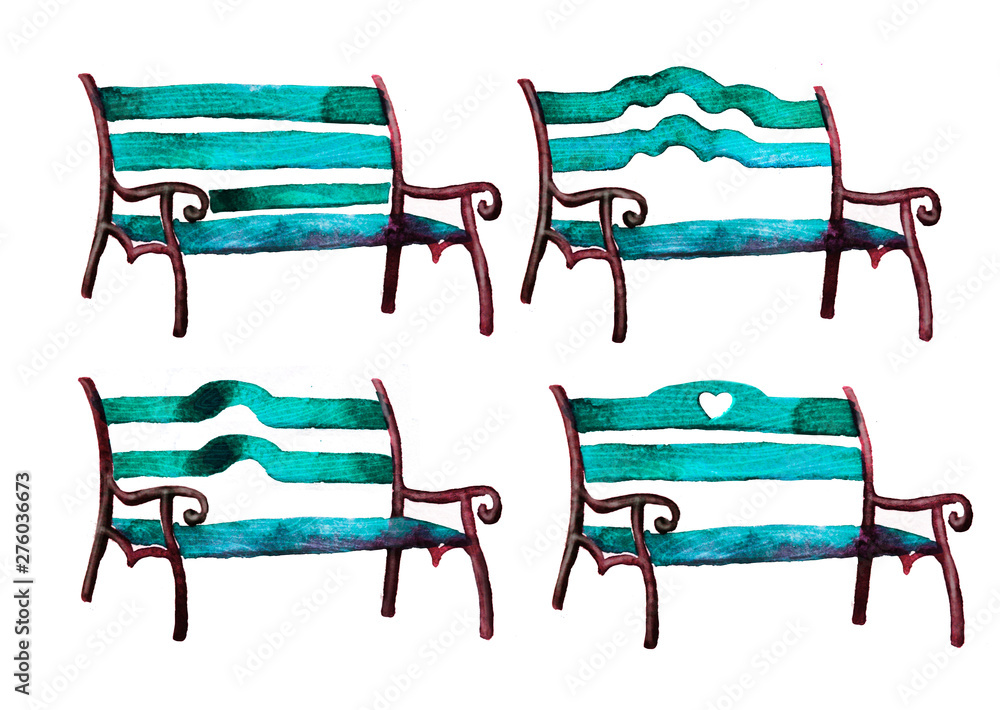 Hand drawn park bench set. Watercolor painting isolated on white Stock ...