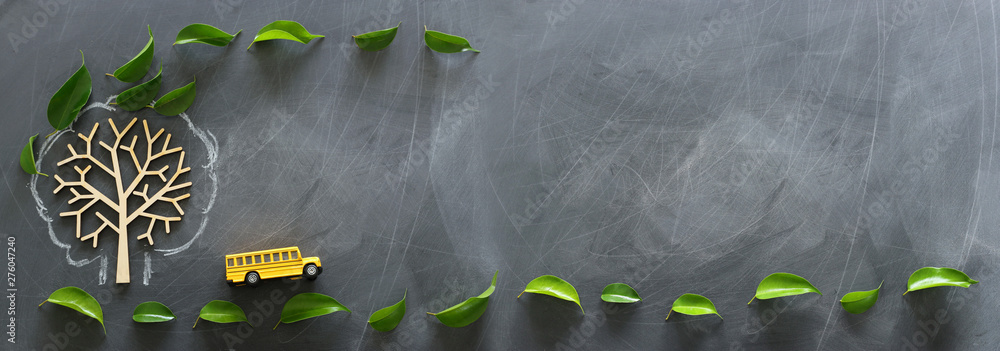 education and back to school concept. Top view photo of school bus next ...