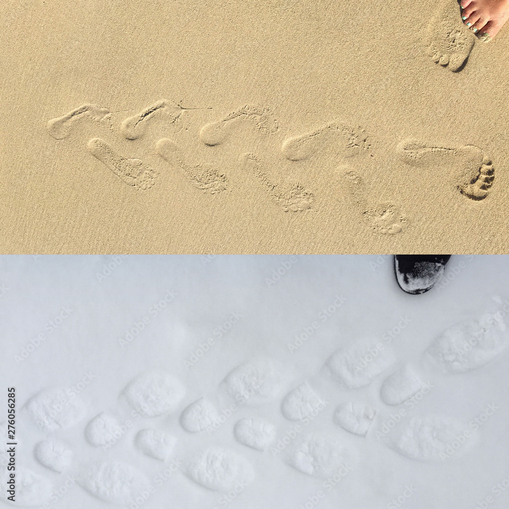 A collage of photos of winter and summer. Footprints in the sand on the ...