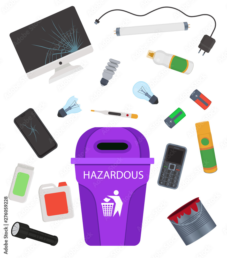 Household hazardous garbage. E-waste, toxic trash. Cartoon vector ...
