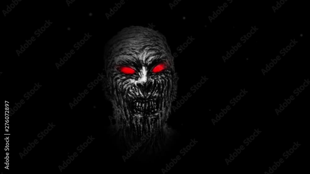 Wounded zombie face with red eyes on black background. Animation in ...