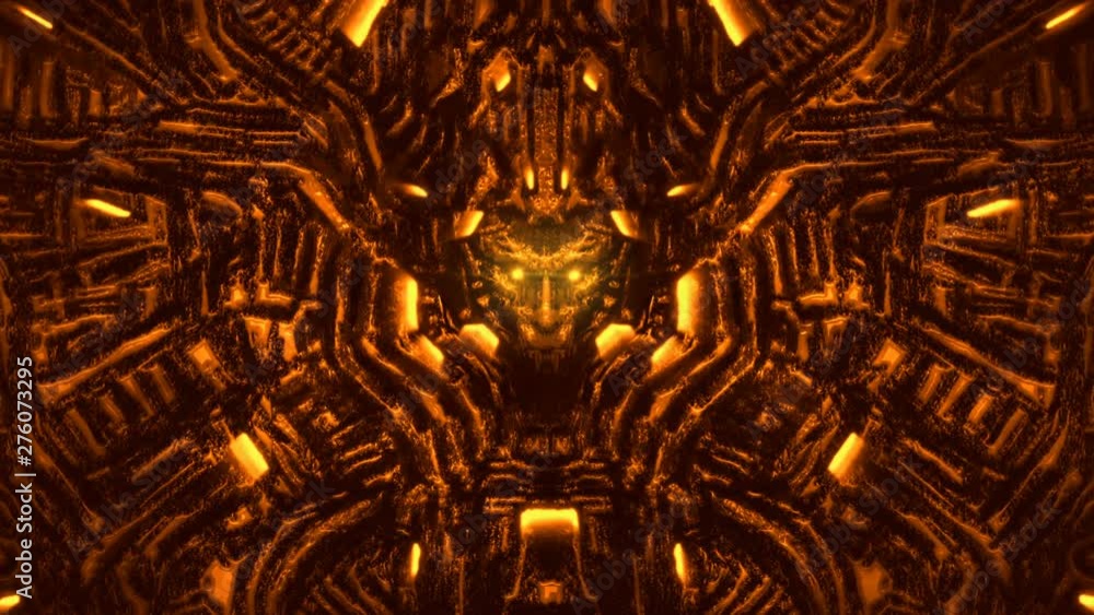 Alien wall with bas-relief and protruding robot head. Glowing lamps and ...