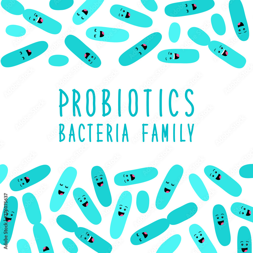 Funny probiotics bacteria family background isolated on white, gut and ...