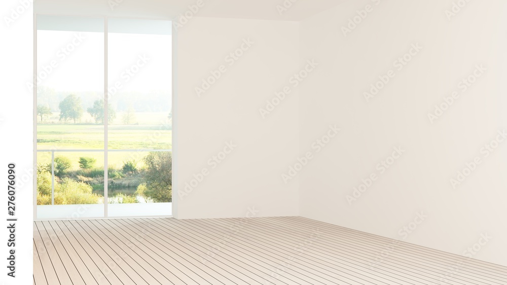 Empty simple space in hotel - 3d rendering and nature view background ...