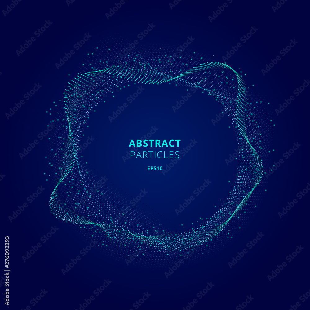 Abstract illuminated blue circle shape of particles array on dark ...