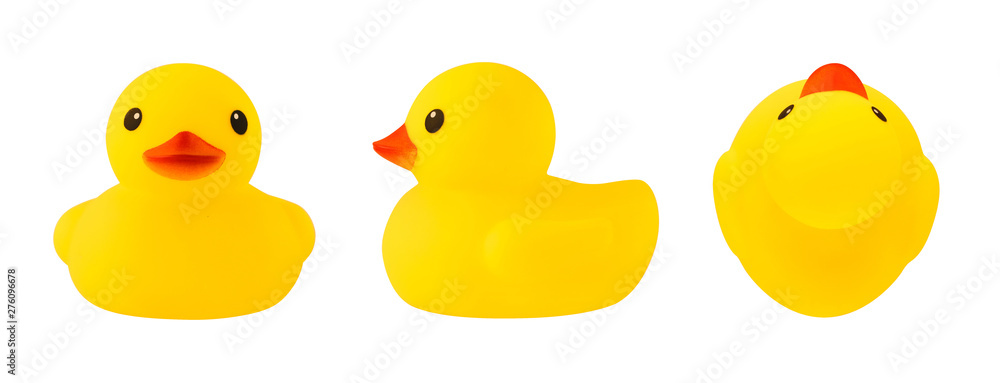 Set of front, side and top views of yellow rubber duck isolated on ...
