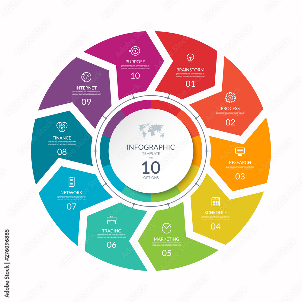 Infographic process chart. Cycle diagram with 10 stages, options, parts ...