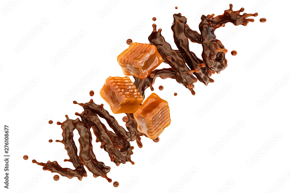 Liquid sweet melted dark or milk chocolate sauce 3D swirl splash with ...