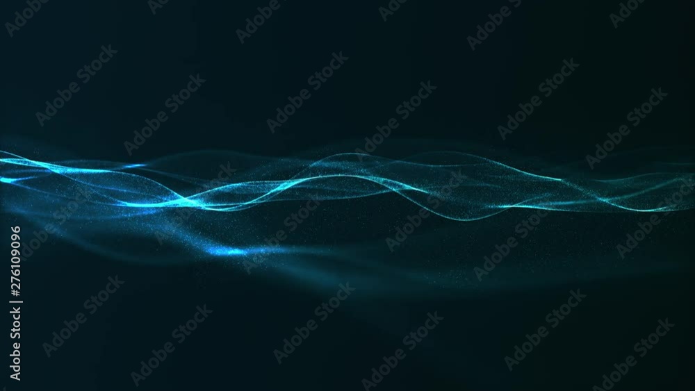 Abstract digital blue color wave with flowing small particles dance ...