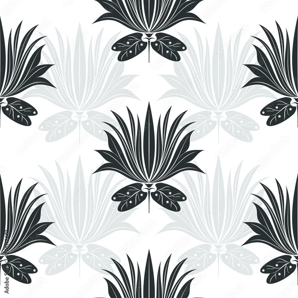 Seamless black and white lotus flower pattern Stock Vector | Adobe Stock