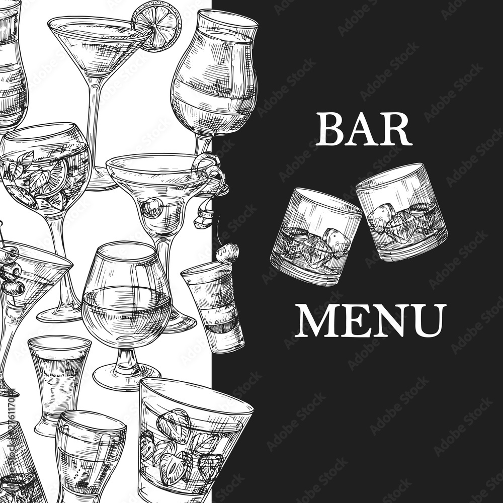 Bar menu vector template with hand drawn drinks and cocktails ...