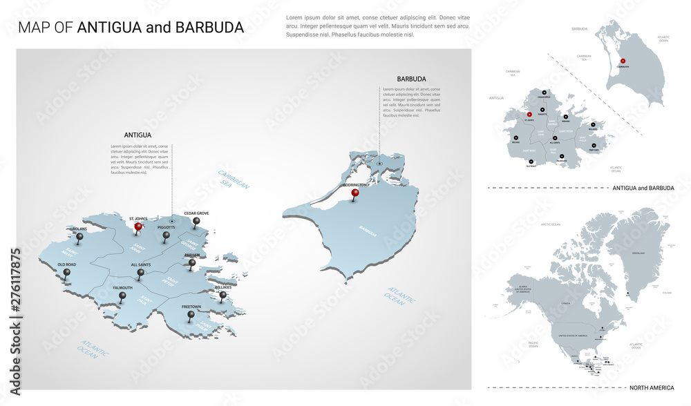 Vector set of Antigua and Barbuda island. Isometric 3d map, Antigua and ...