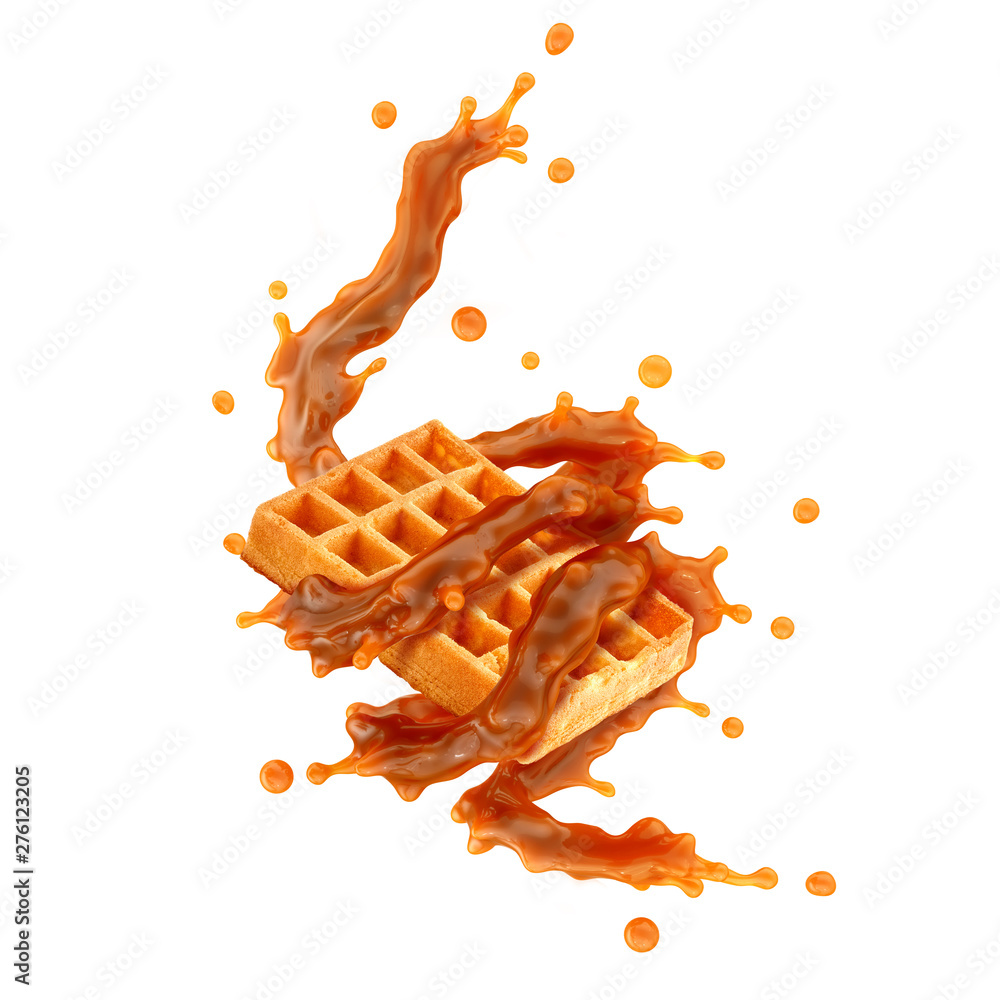 Liquid sweet caramel sauce 3D swirl splash twisted with square caramel ...