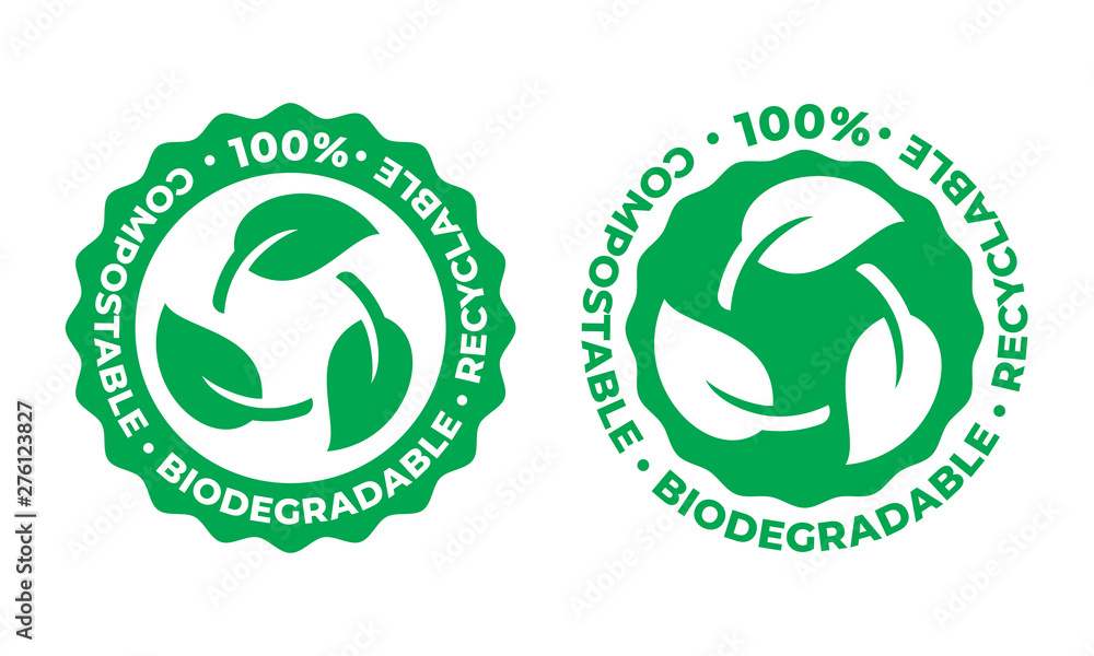 Biodegradable and compostable recyclable vector icon. Recycling, 100 ...