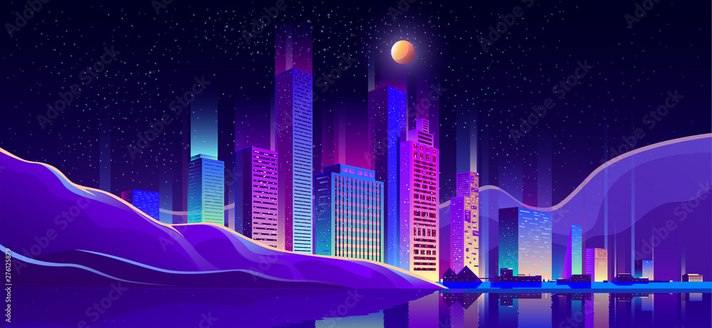 Metropolis on seacoast cartoon vector background with glowing at night ...