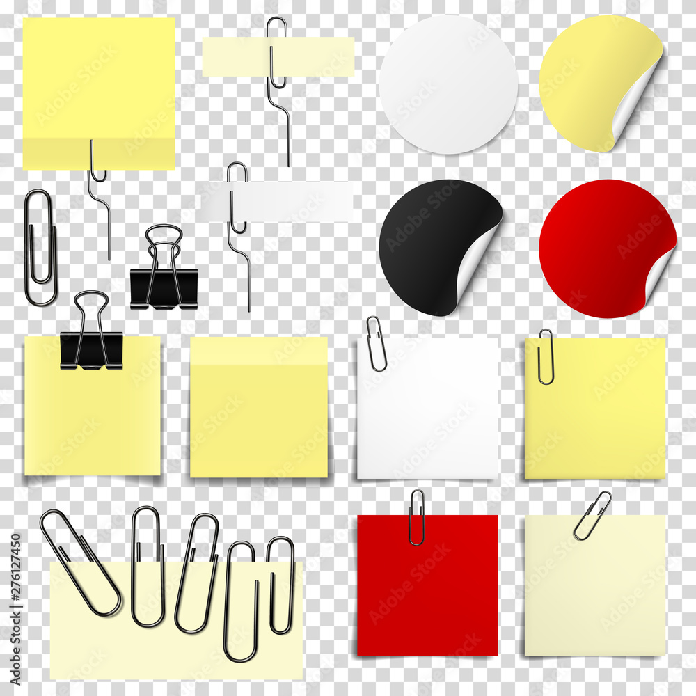 Set of realistic black metal binder clip and paper clip, post note ...