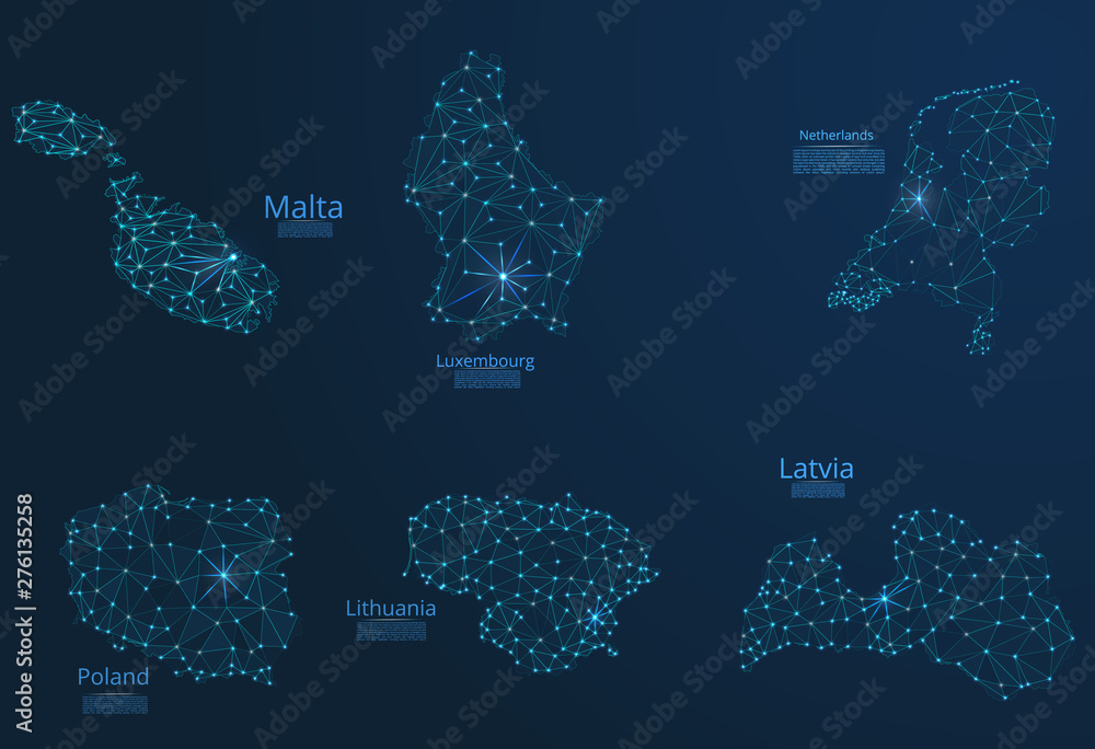 Map of communication networks of 6 countries of Europa. Vector poly ...