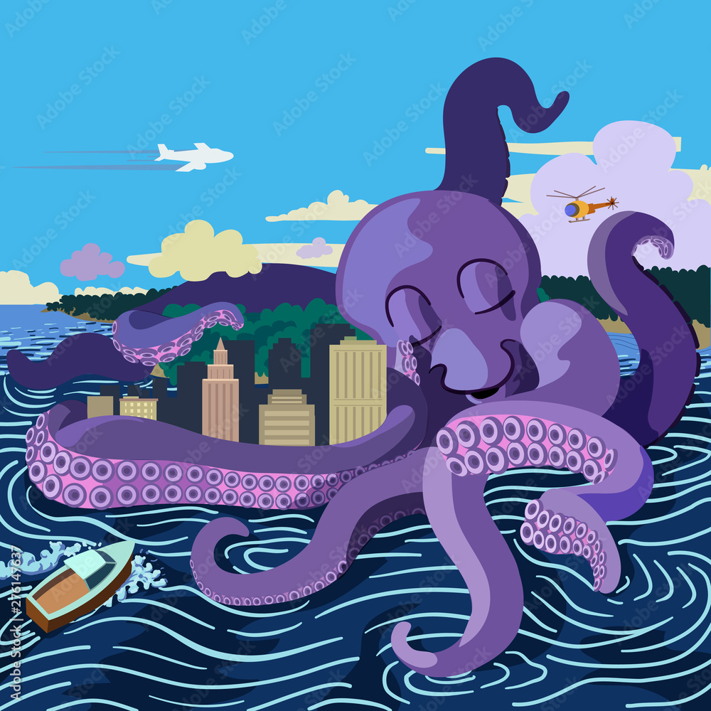 Vetor do Stock: A giant octopus hugging a city creates turbulent waters ...