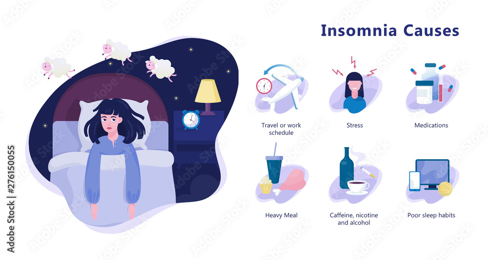 Causes of insomnia infographic. Stress and health problem Stock Vector ...