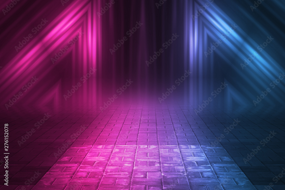 Empty background scene. Dark street reflection on wet asphalt. Rays of ...