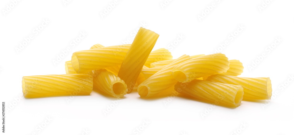 Uncooked short tubes shape pasta also known as tortiglioni or ...