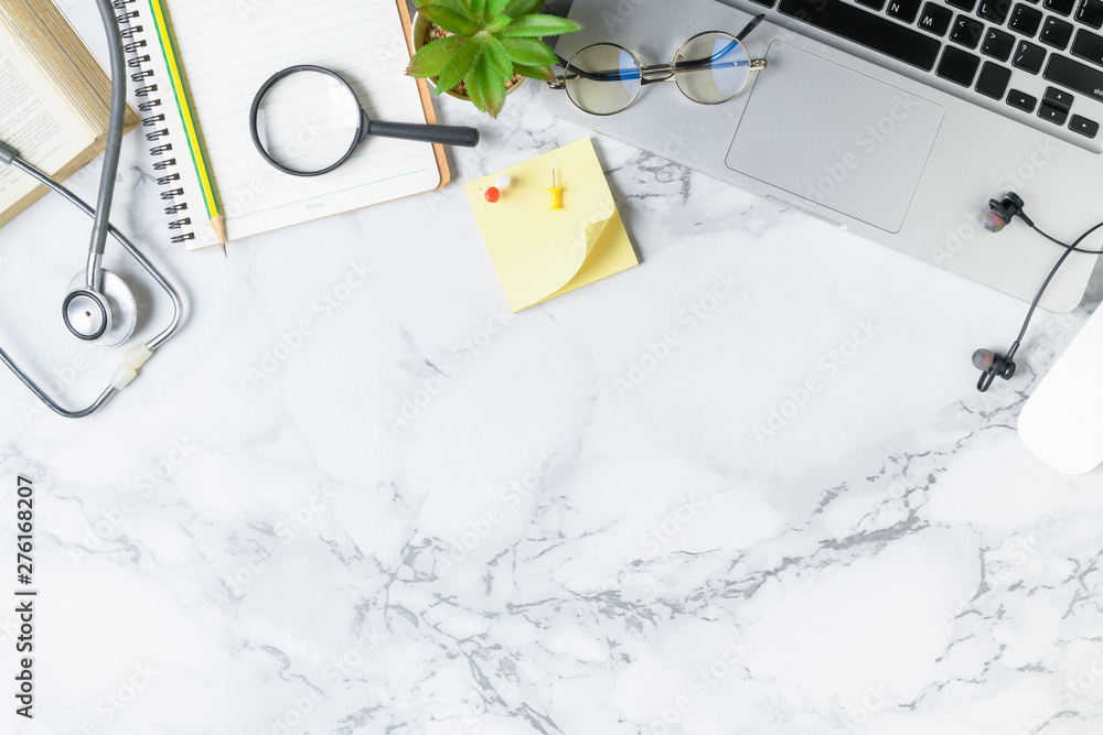 Doctor desk marble table with stethoscope and notebook Stock Photo ...