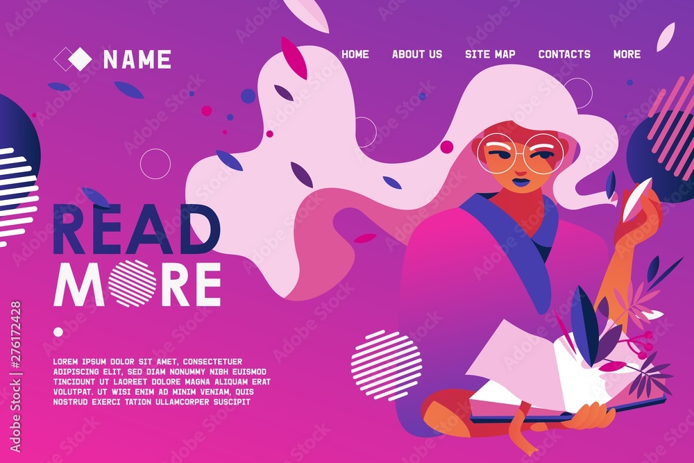 Drawn with vivid pink and purple gradients banner or landing page with ...