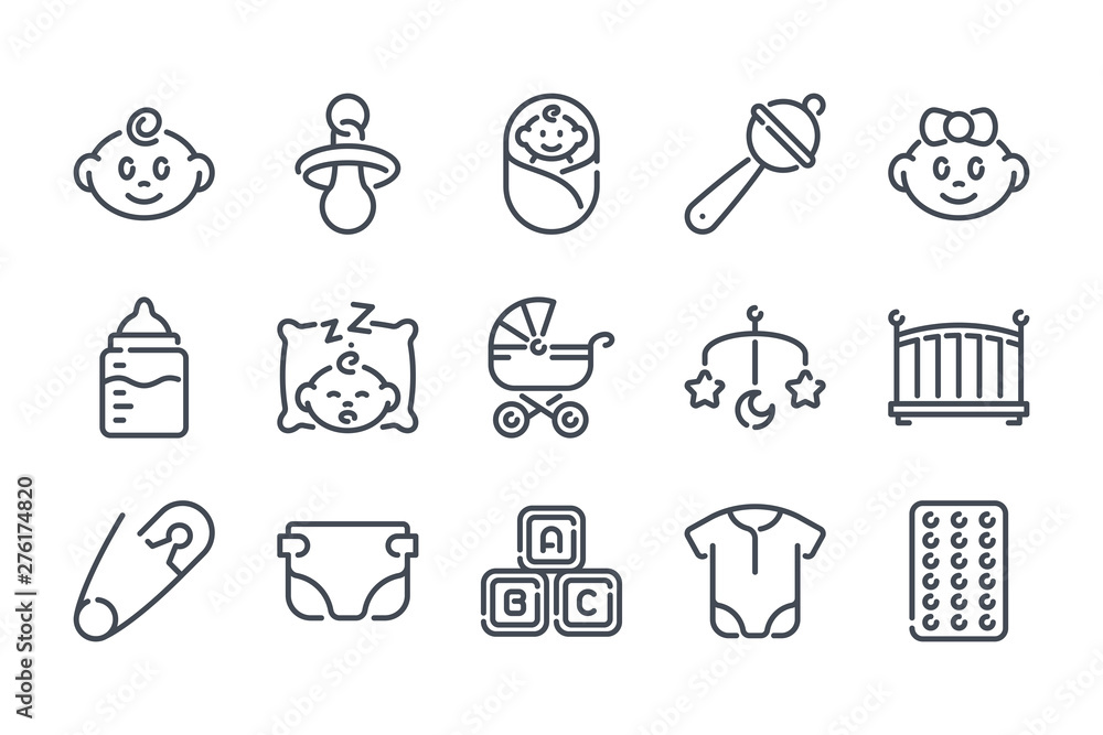 Newborn related line icon set. Maternity and childhood linear icons ...