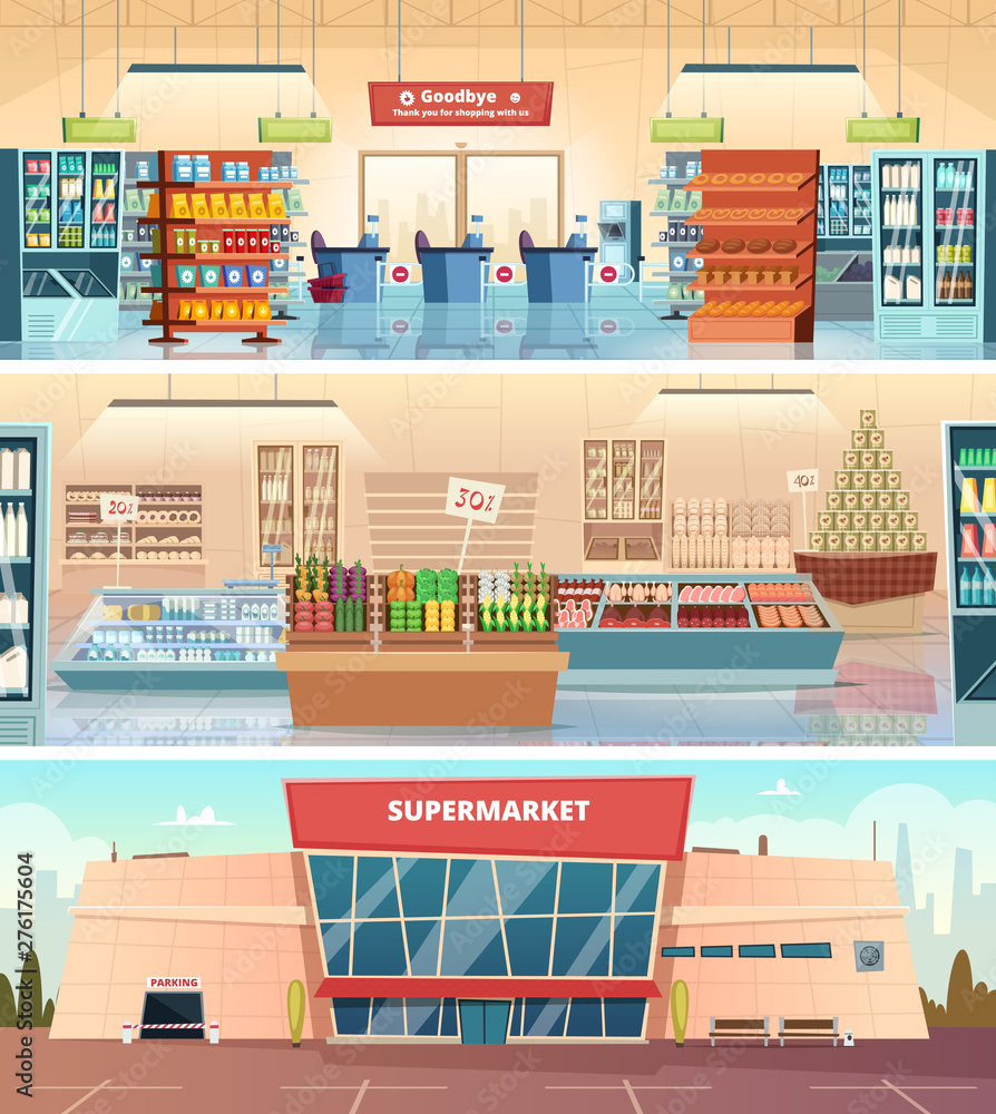 Supermarket facade. Grocery food market interior mall inside cashier ...