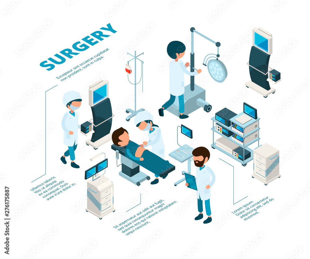 Surgeries isometric. Medical staff surgeons work emergency therapy ...
