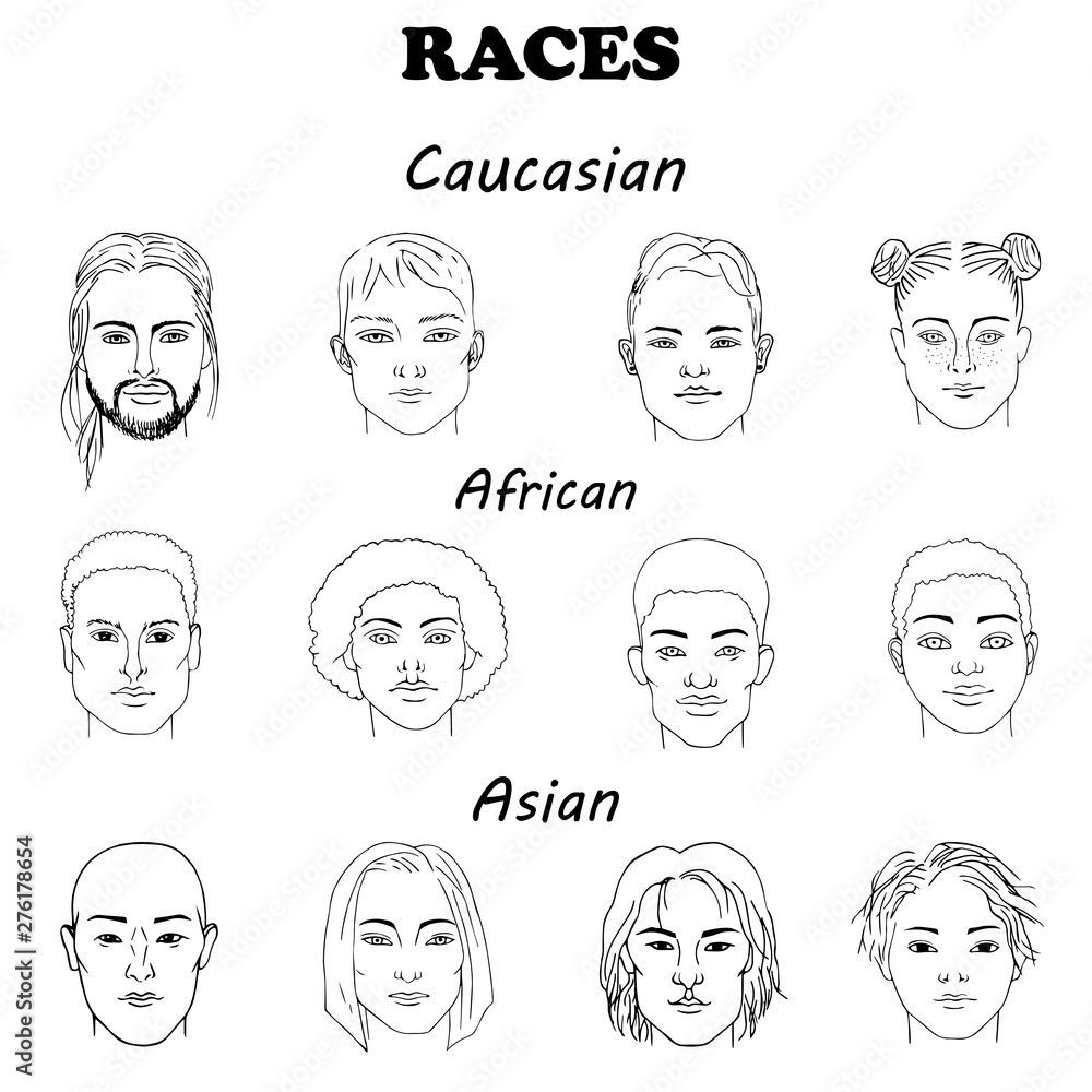 Hand-drawn sketching set of black-and-white portraits of people of ...