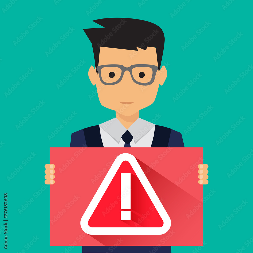 man holding banner with warning alert sign and exclamation mark symbol ...