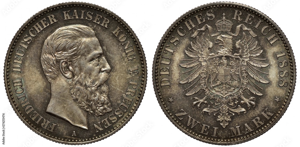 Germany German Prussia Prussian silver coin 2 two mark 1888, head of ...