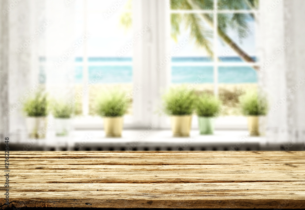 Desk of free space and summer window background. Stock Photo | Adobe Stock