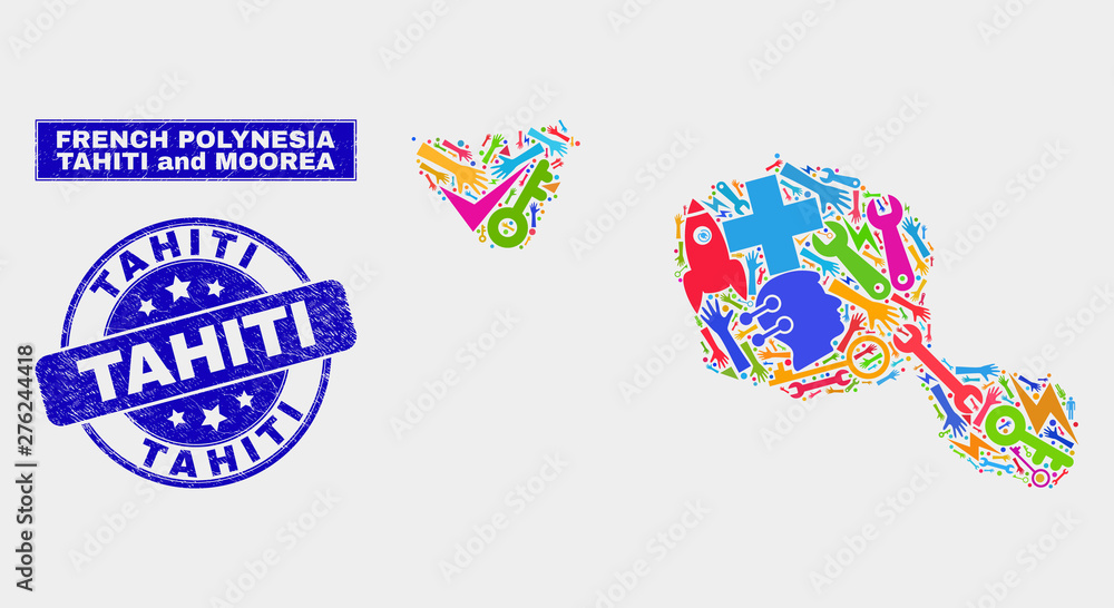 Mosaic tools Tahiti and Moorea islands map and Tahiti seal stamp ...