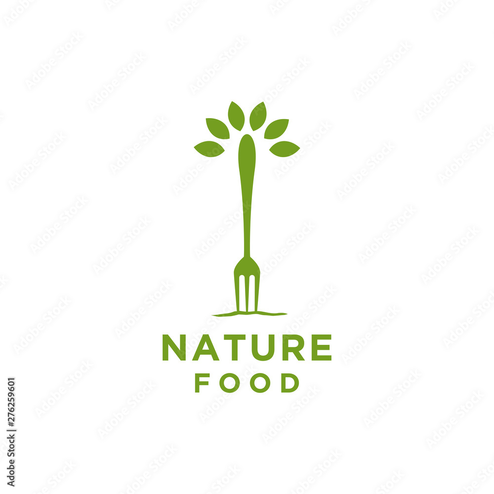 Nature food logo or restaurant logo with fork and leaf symbol Stock ...