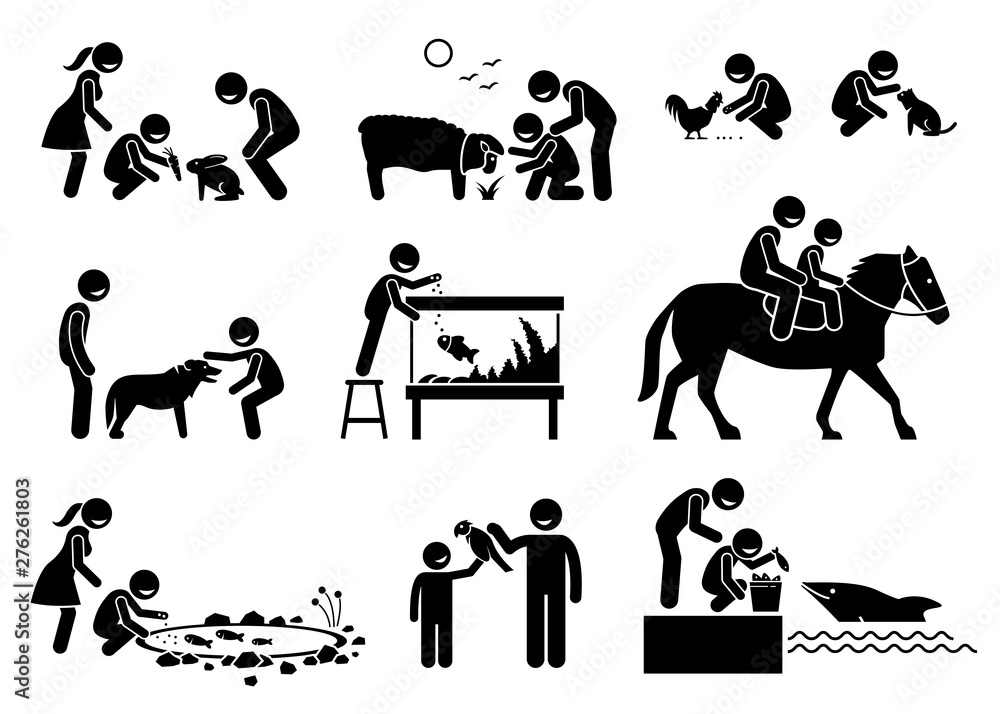 People feeding and interacting with domestic animals. Stick figure ...