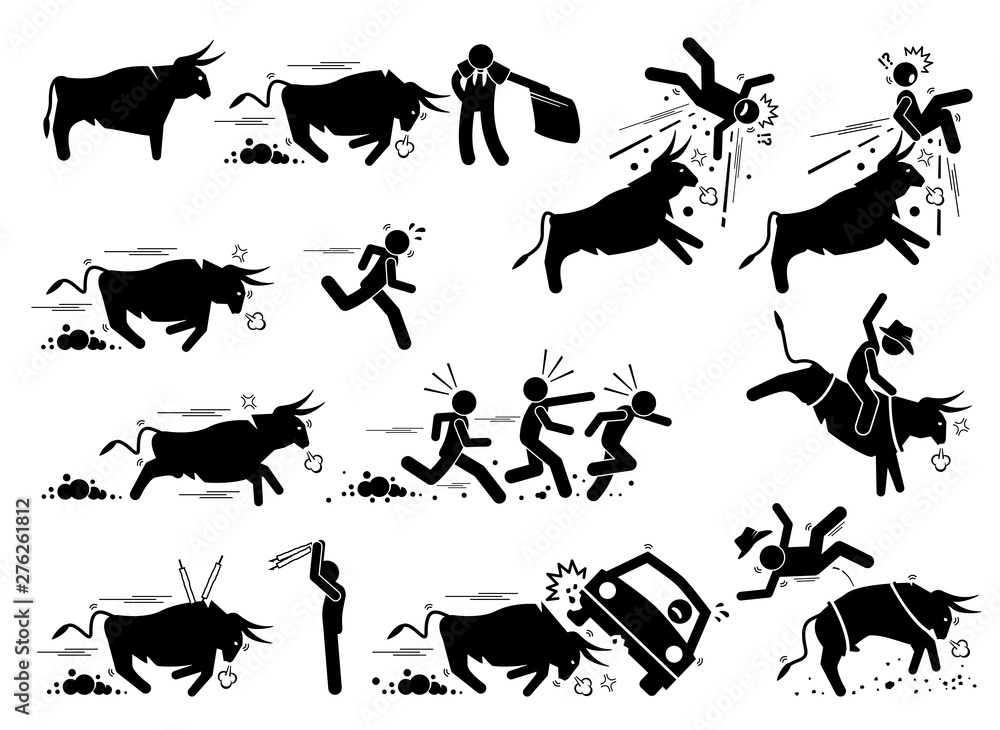 Spain bullfight and bull run event pictogram icons. Stick figure ...