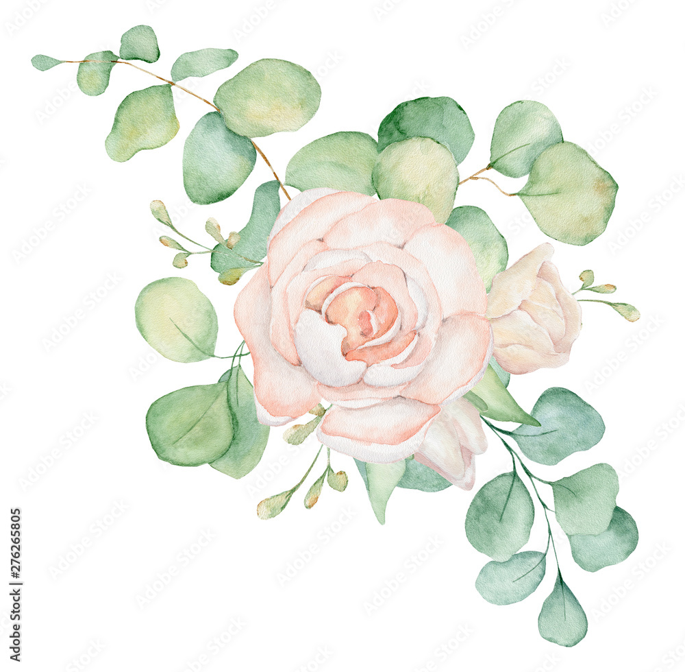 Pink roses flowers and eucalyptus leaves watercolor bouquet ...