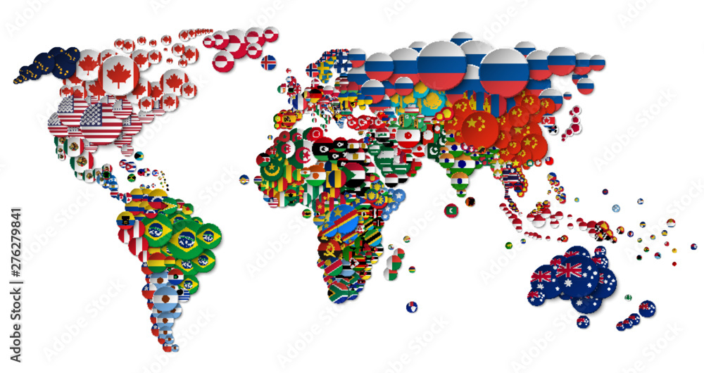 World map and all national circle country flags . 3D design . Creative ...