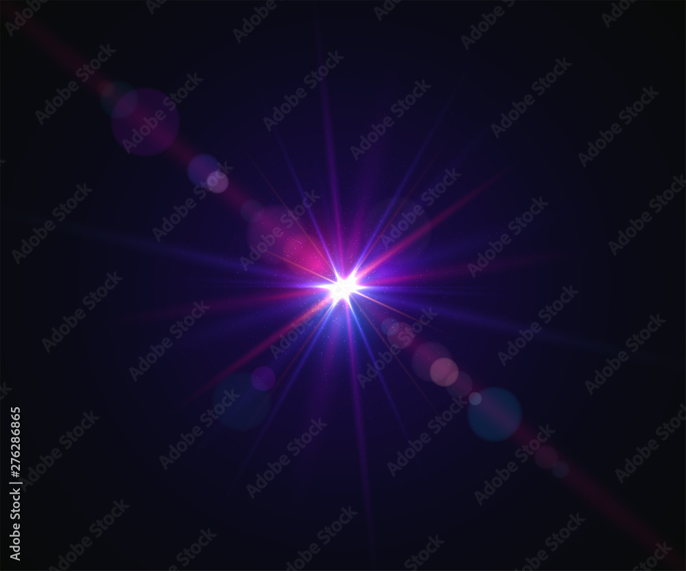 Glowing flash. Beautiful glare effect with bokeh, glitter particles and ...