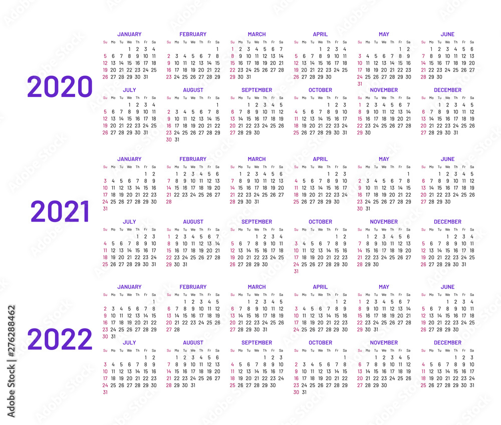 Calendar layouts set for 2020, 2021 and 2022 years. English template ...