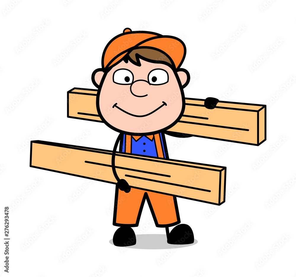 Carrying Wooden Plank - Retro Cartoon Carpenter Worker Vector ...