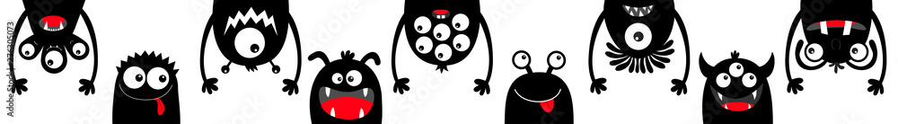 Hanging monster black silhouette head face icon set line. Happy ...