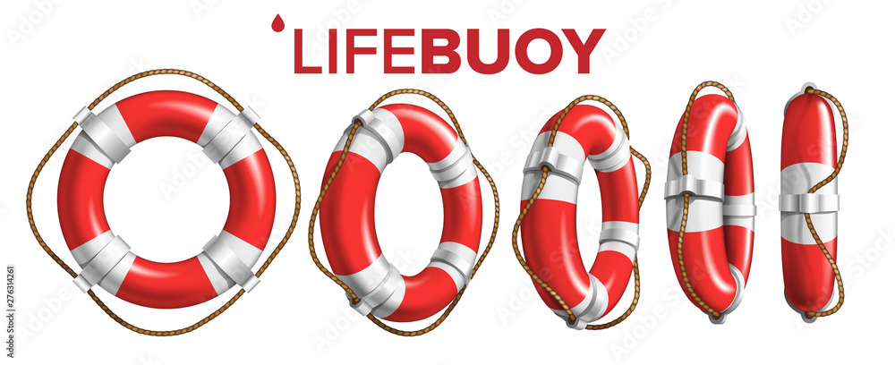 Boat Lifebuoy Ring In Different View Set Vector. Collection Of Red And ...